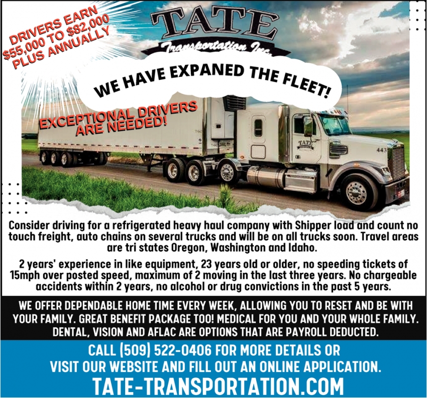 Drivers Tate Transportation Inc Walla Walla Wa