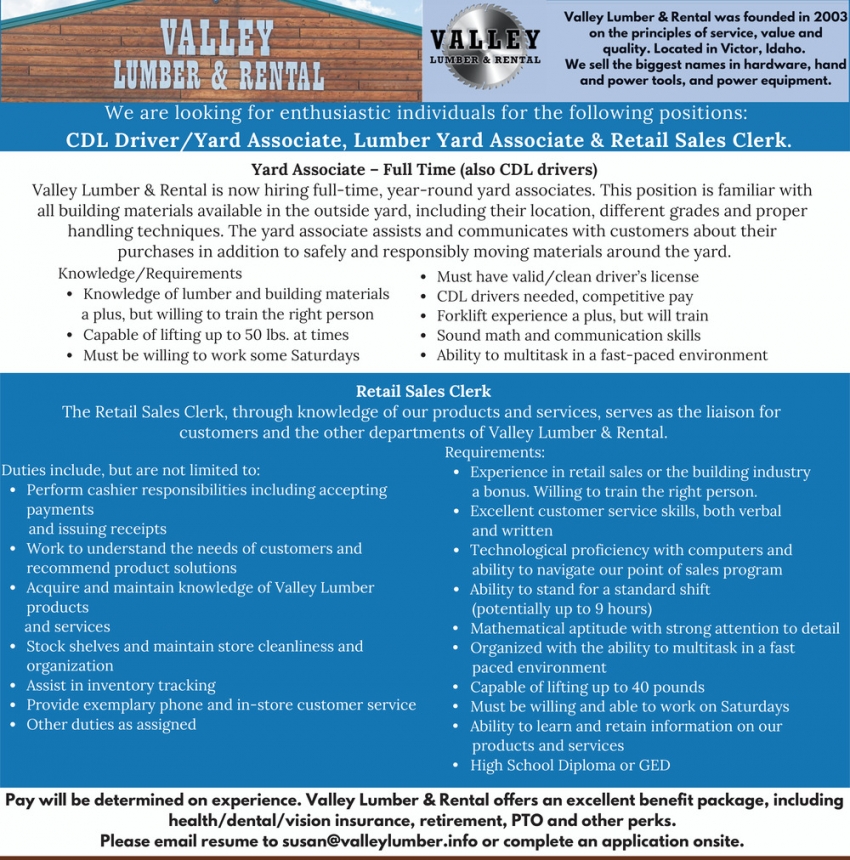 CDL Driver, Valley Lumber & Rental, Victor, ID